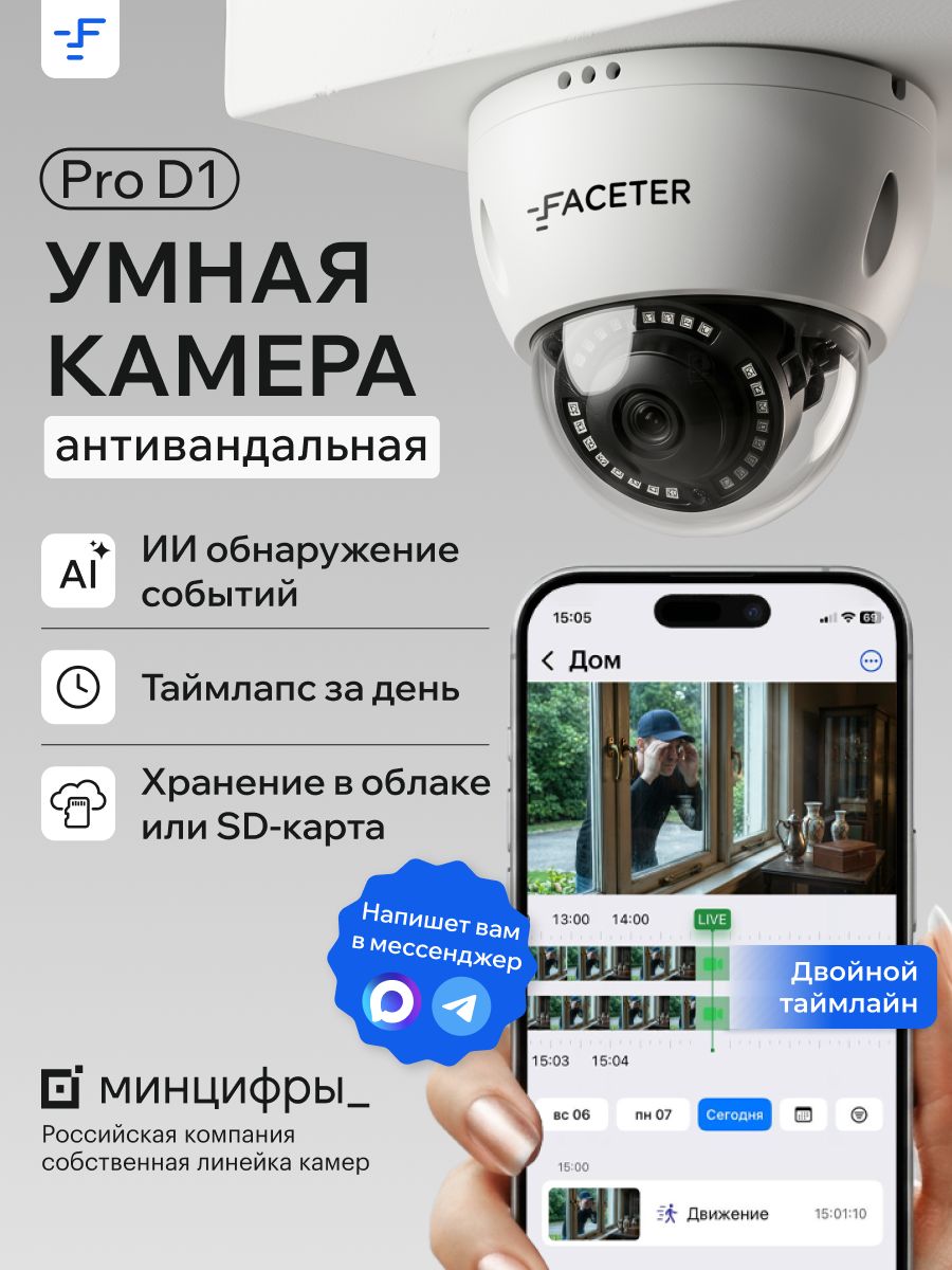 Камера видеонаблюдения антивандальная, профессиональная, проводная, с поддержкой SD-карты - Faceter Pro D1