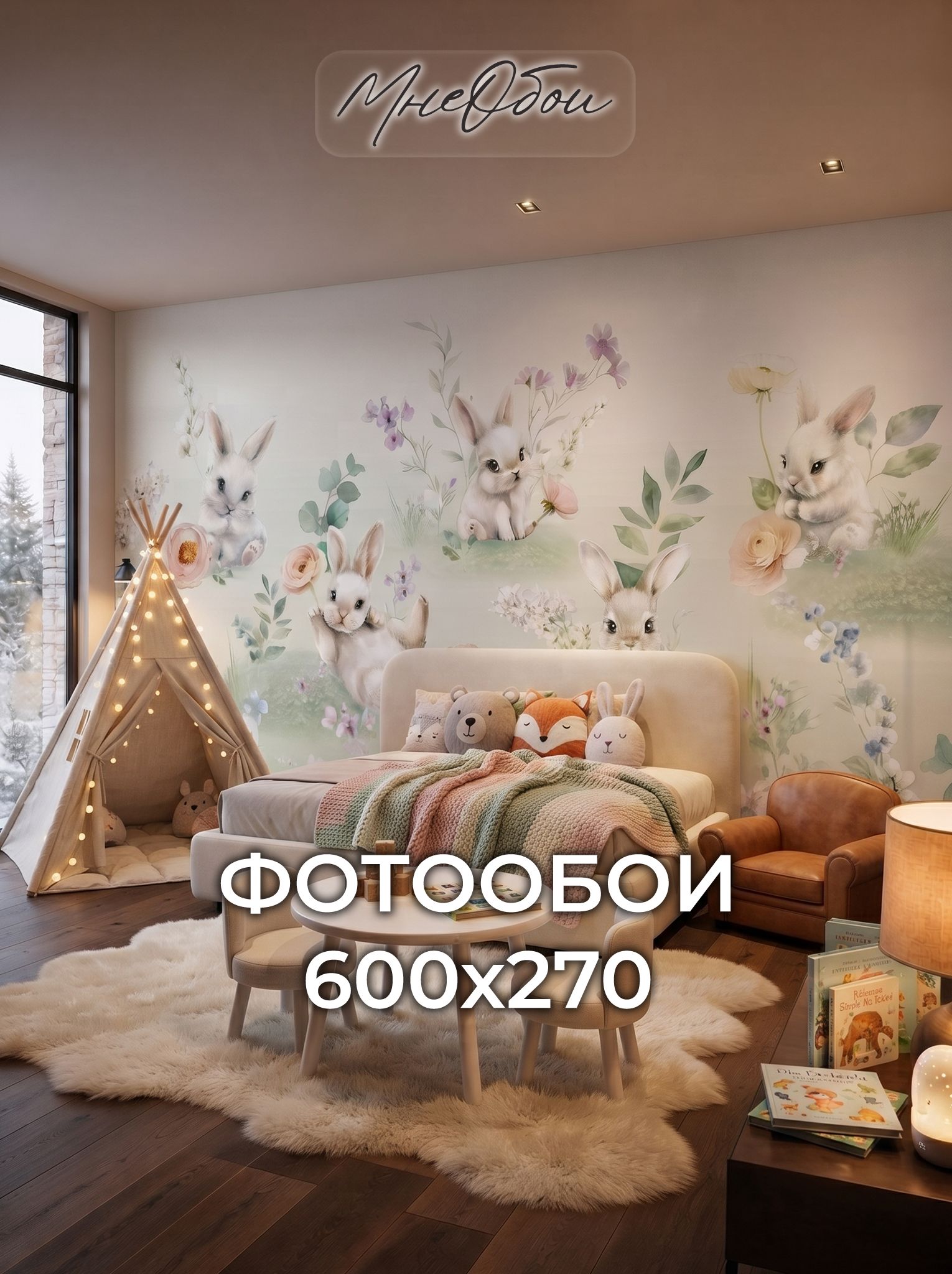 Фотообои на стену в детскую 3d 600х270 (ШхВ) фото обои для девочки, животные кролики