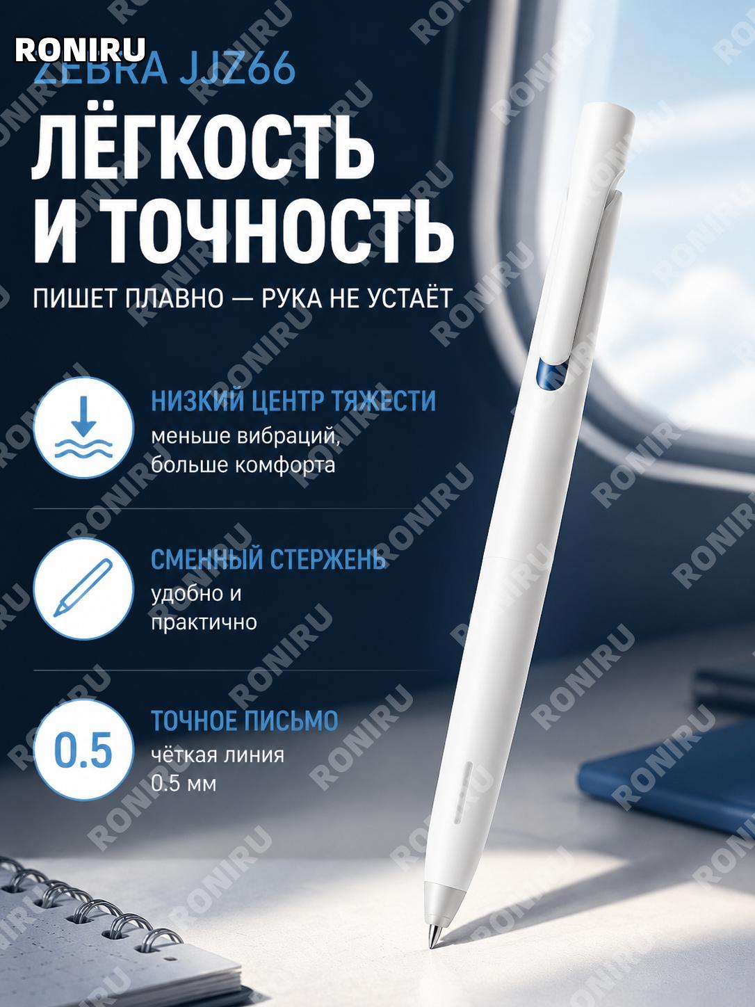 Ручка Zebra JJZ66 синий стержень 0,5 мм белый корпус одна штука пластиковая японская шариковая ручка для офиса