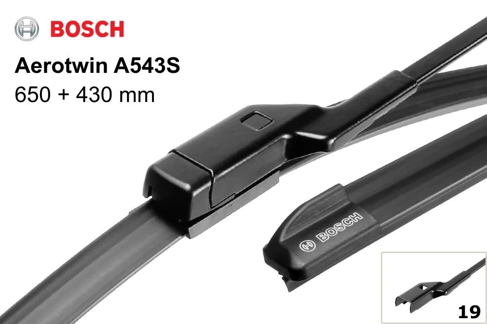 Щетки стеклоочистителя Bosch Aerotwin A543S (3397014543), бескаркасные, 650мм + 430мм, 2 шт, Push Button 19mm, для BMW 2 Active Tourer, Citroen Berlingo, Opel Combo, Peugeot Partner