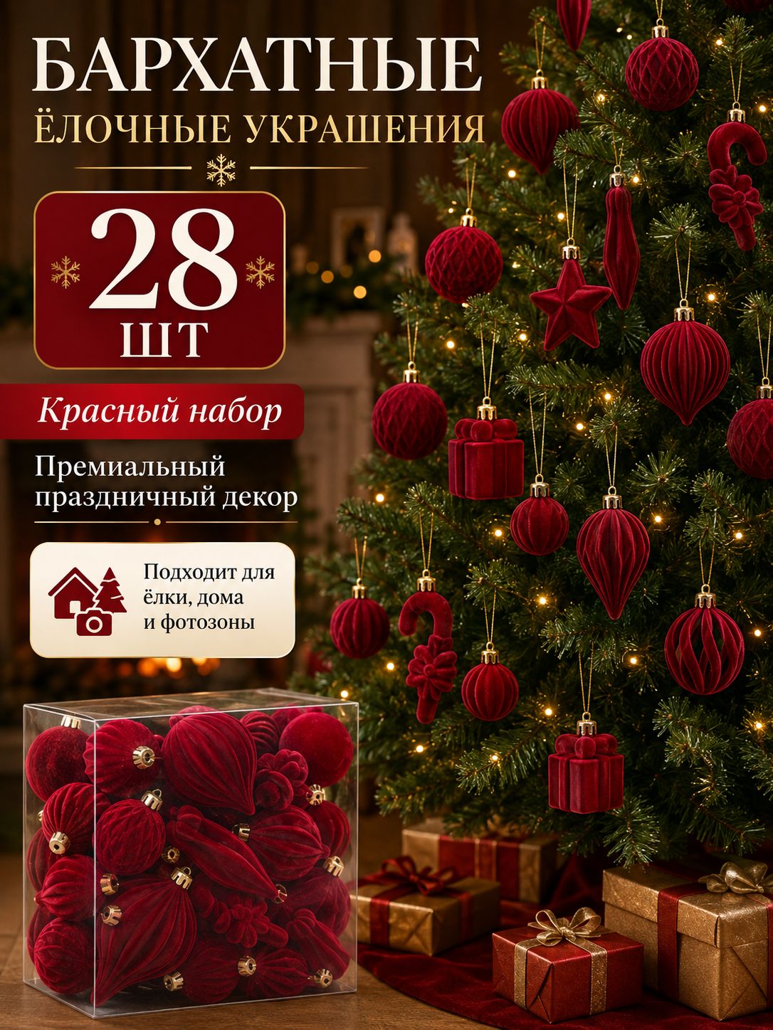 Набор бархатных елочных украшений 28 шт, красные подвески разных форм для ёлки и Нового года