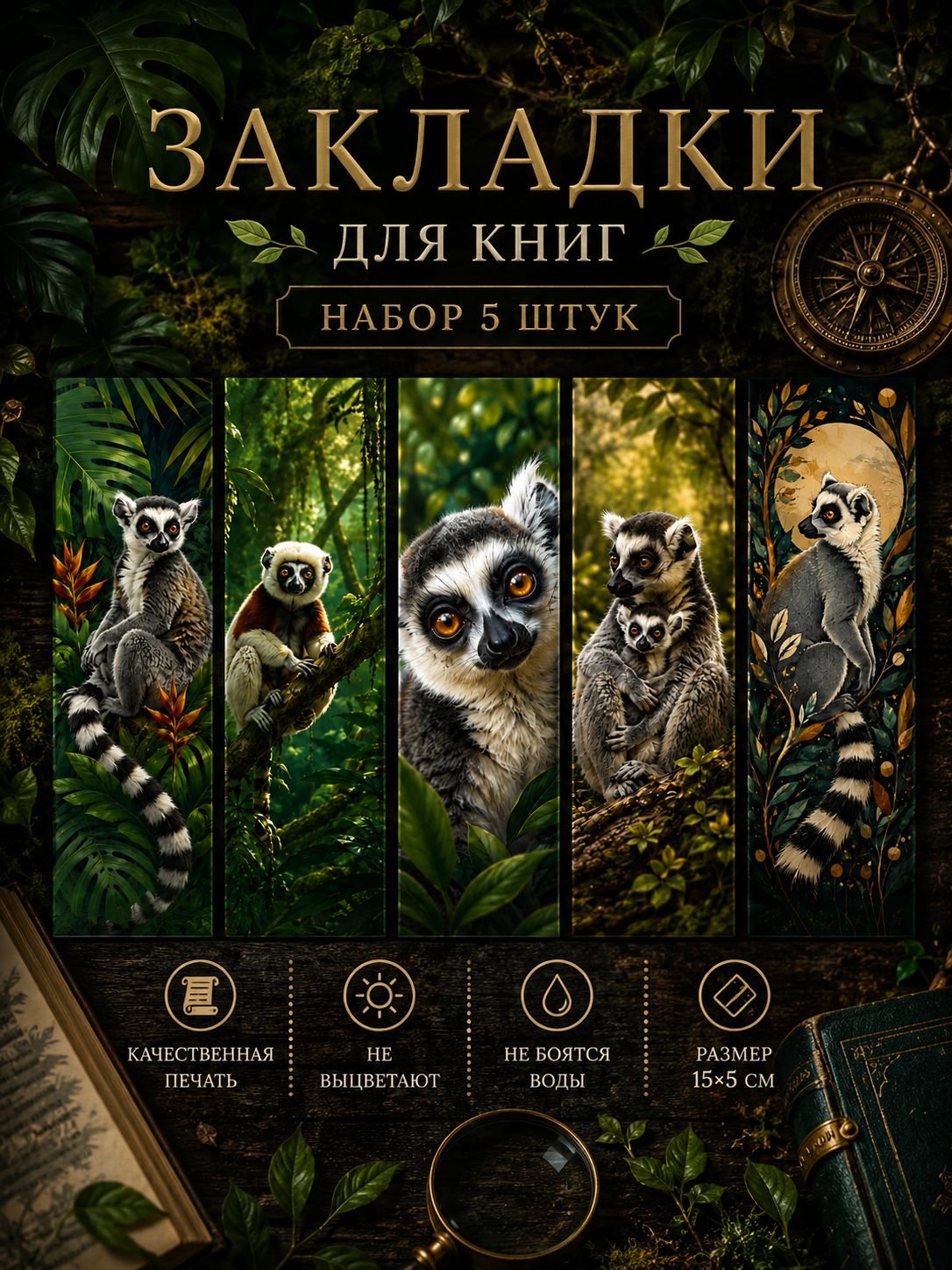 Набор из 5 ламинированных закладок Лемур