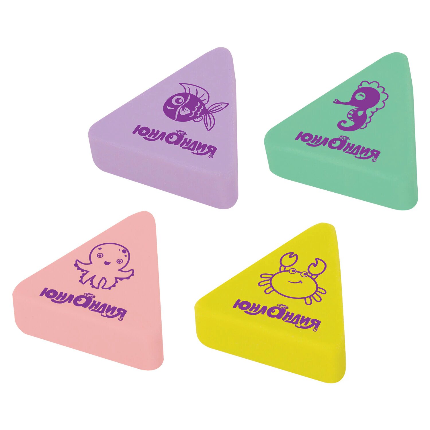 Ластик юнландия "Морские обитатели", 27279мм, цвет ассорти, треугольный, 228714, 9шт.