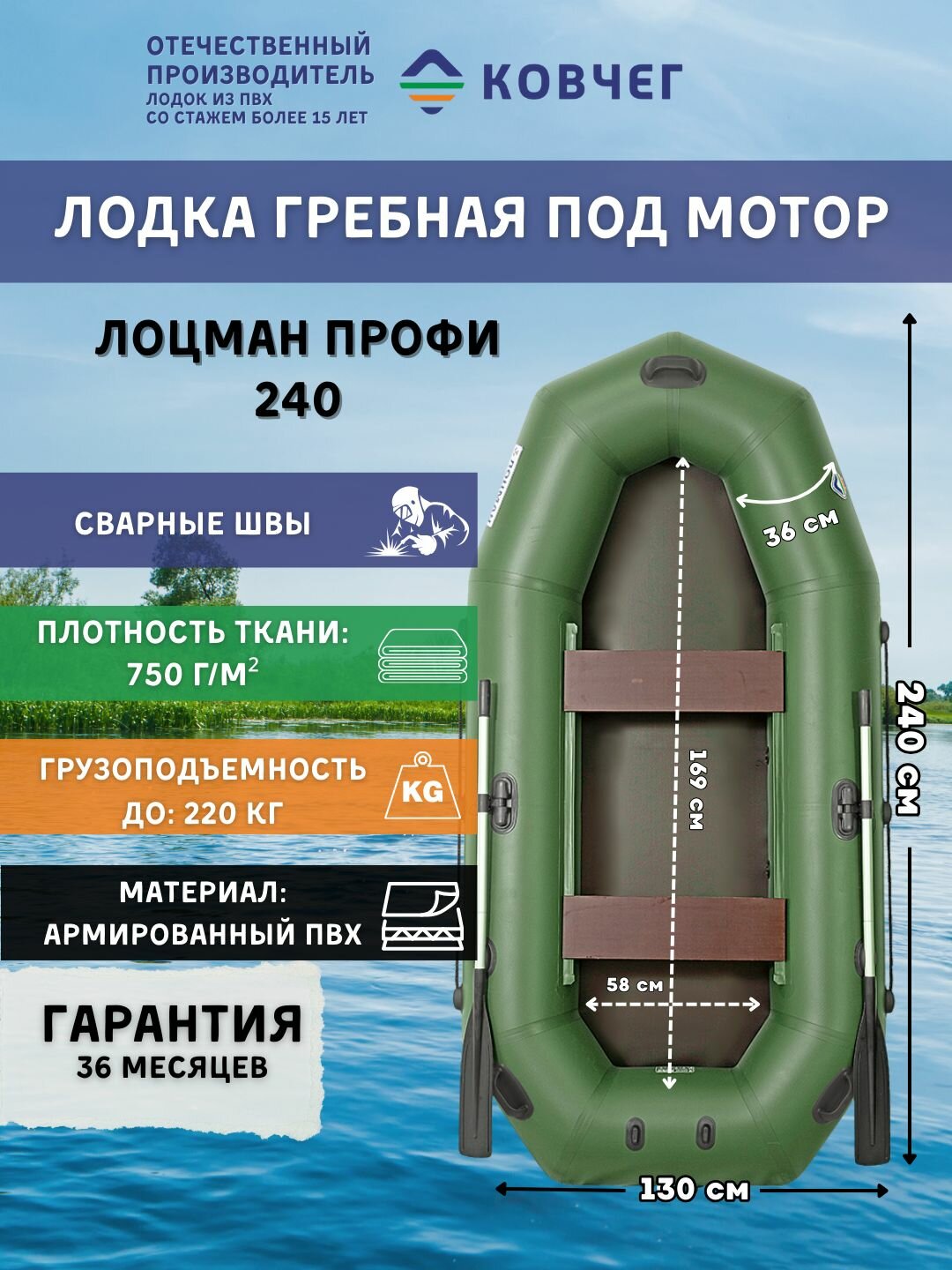 Лодка ПВХ гребная под мотор Лоцман Профи 240