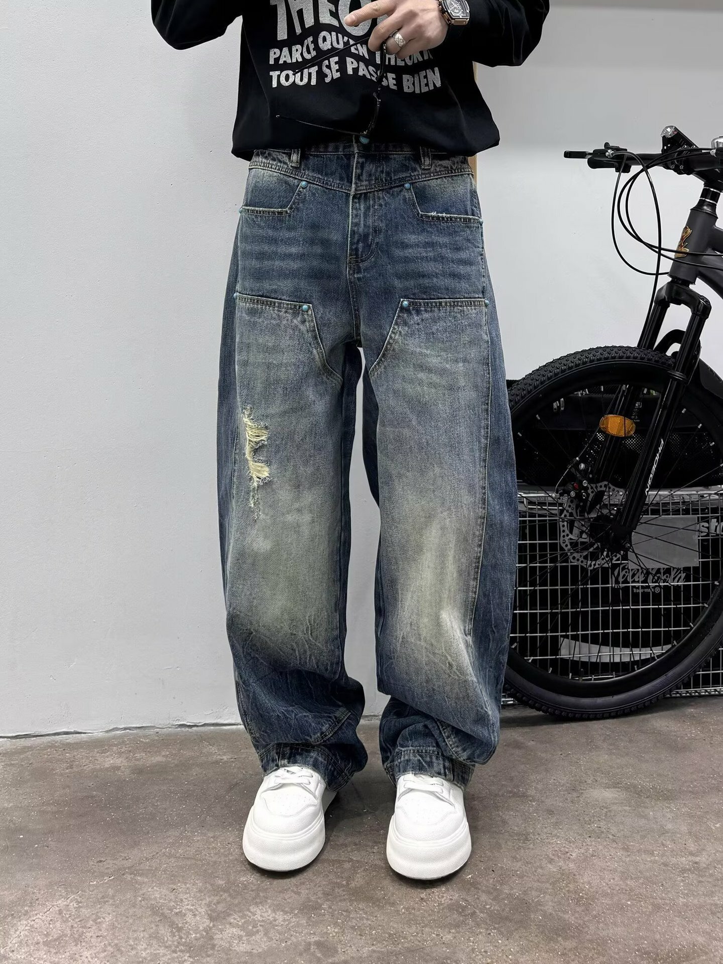 JYL Унисекс Джинсы Флэр Пэч Высокий Улица Стрейт Деним, Размер_M