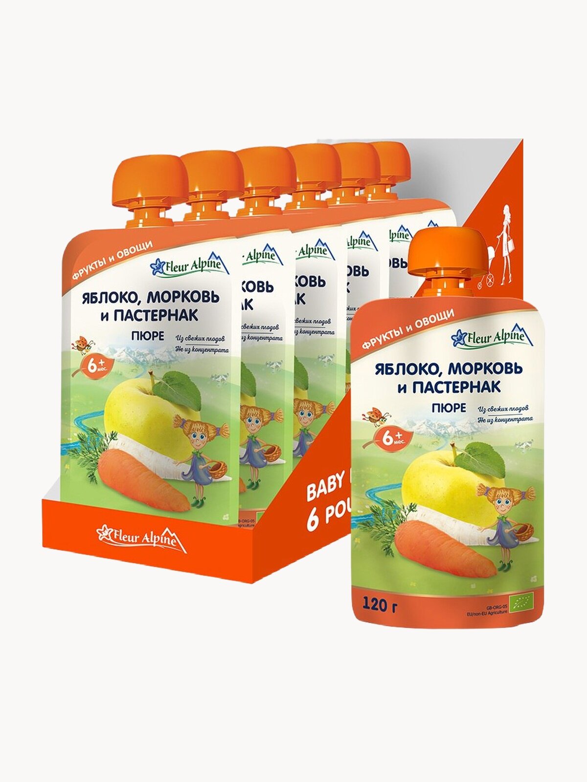 Пюре детское Fleur Alpine Яблоко, морковь и пастернак, с 6 месяцев, 120 г, 6 шт.