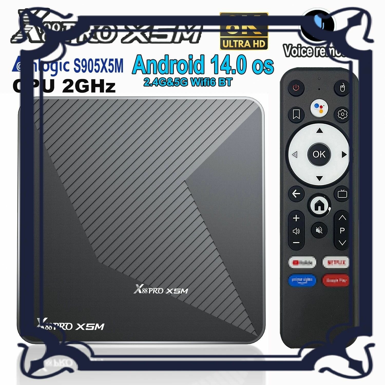 Эксклюзивный медиаплеер Android 14 TV Box X88 PRO X5M с процессором Amlogic S905X5M, поддержкой HDR и 8K, оснащен 4Гб/32Гб памяти, Dual Wifi, BT5.0, Lan и пультом