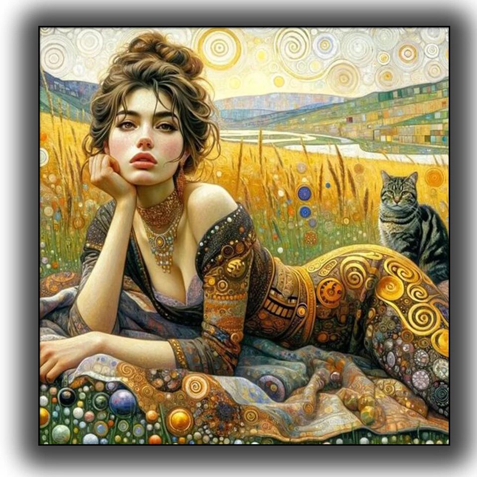 Алмазная живопись "Сексуальная женщина и кошка", полный набор square 40x40cm