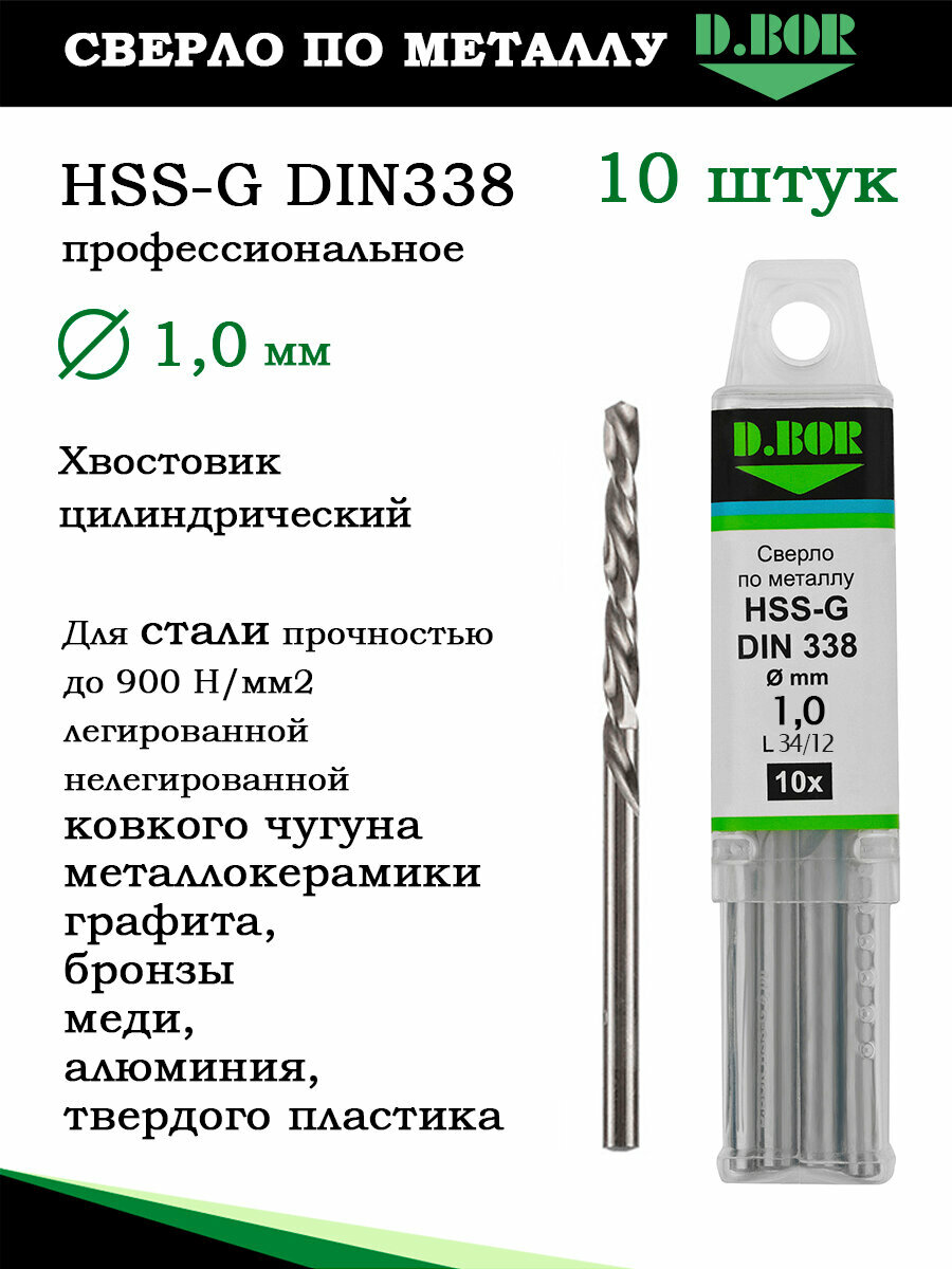 Сверла по металлу 10 шт 1,0х12/34, HSS-G DIN 338, D.BOR