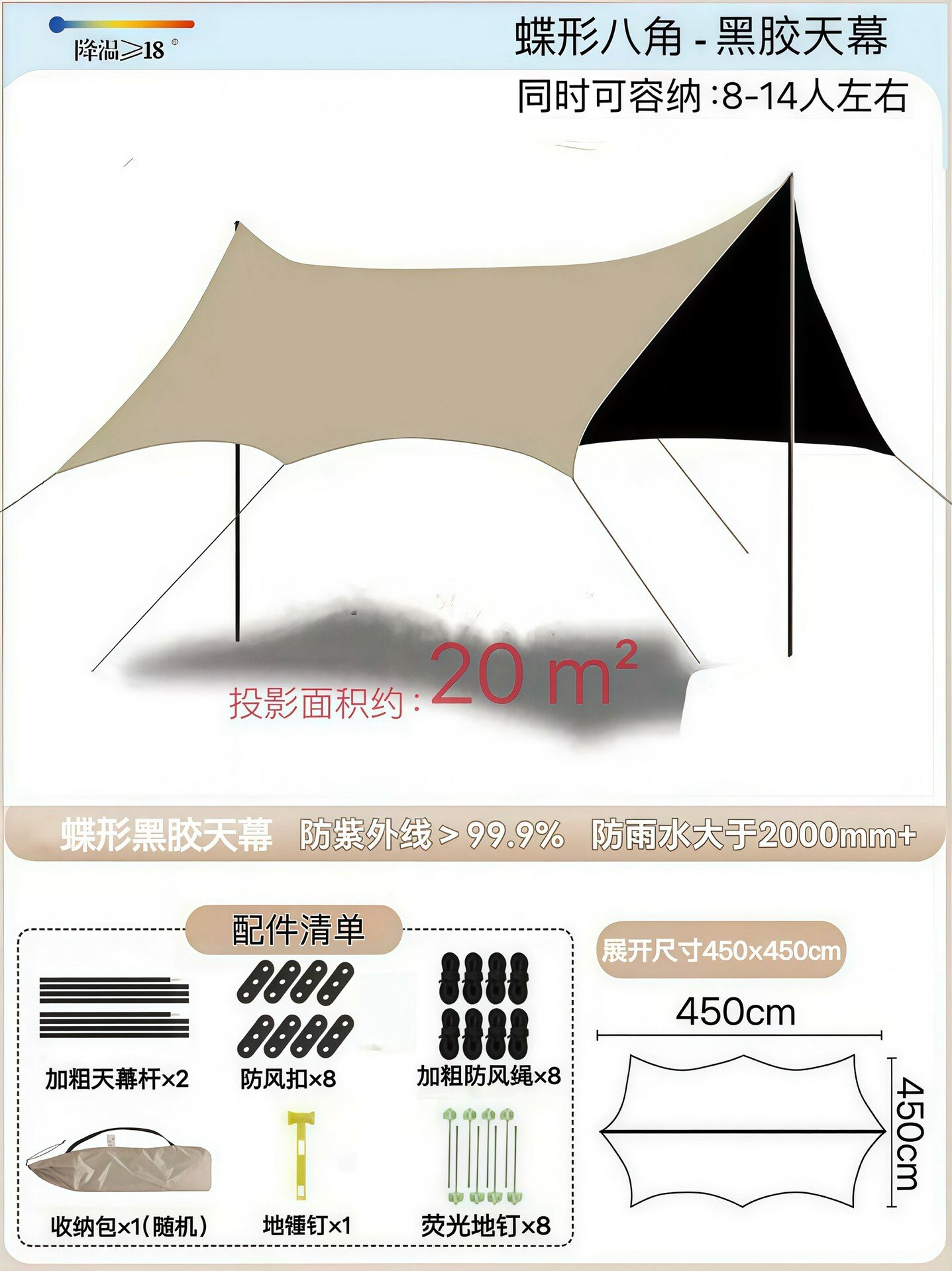 Виниловый большой тент-шатер, водонепроницаемый и солнцезащитный, для кемпинга на открытом воздухе, с большим пространством, восьмиугольный кемпинговый навес.