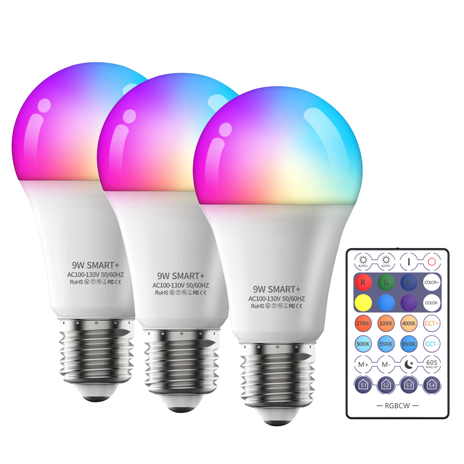 9WSmart Light Bulb Wi-Fi LEDs 2700K-6500K RGBW E26 Voice Control AC 100-130V 50/60Hz 2.4Ghz 20000H 3 Packs +1 Remote Control 16 million colors 192*124*63mm 255g