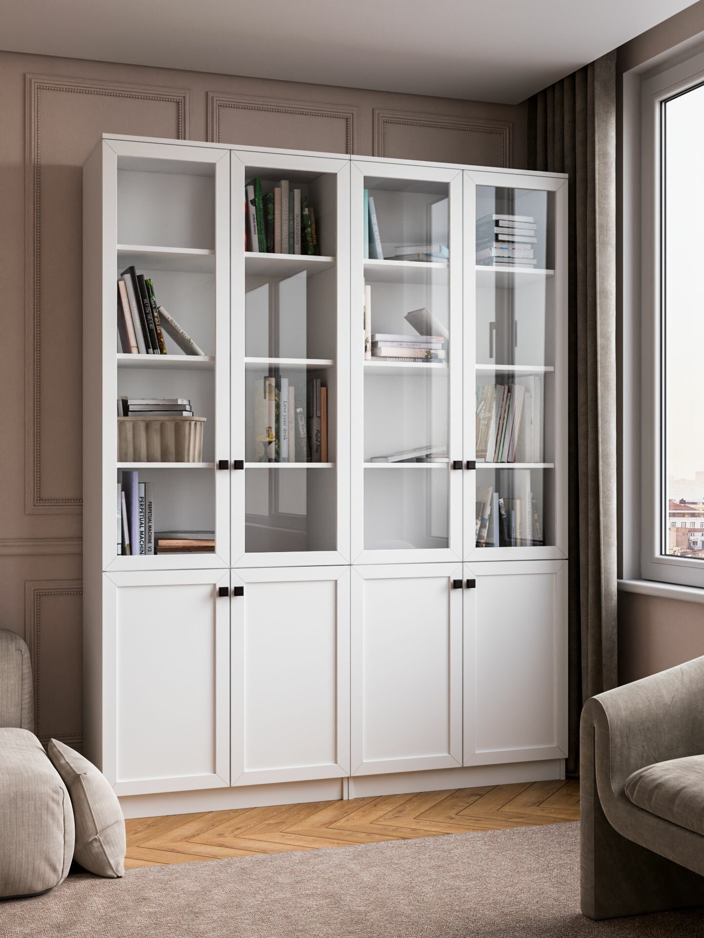 Шкаф для книг Вест 4.3, 136х38х210 см, со стеклом, шкаф для домашней библиотеки, с полками, белый