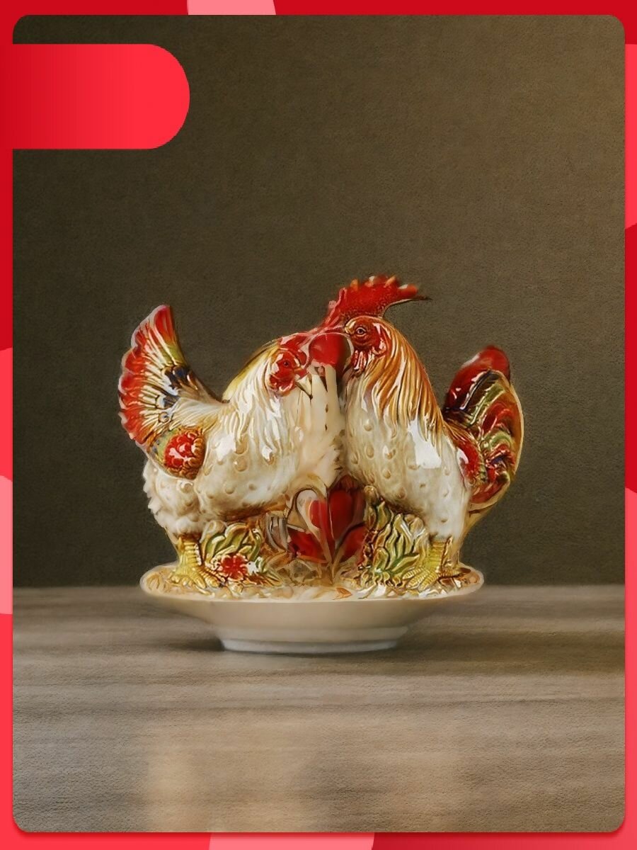Набор керамических фигурок петуха и курицы для сельского стиля, габариты 17 на 9 см, 2 предмета