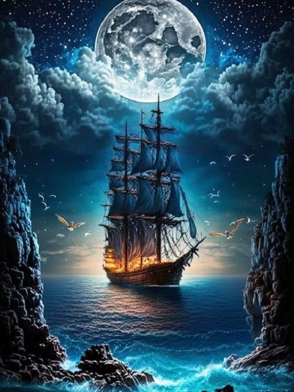 Алмазная мозаика "Корабль в лунной дорожке". На подрамнике, 5D, 40x50 см