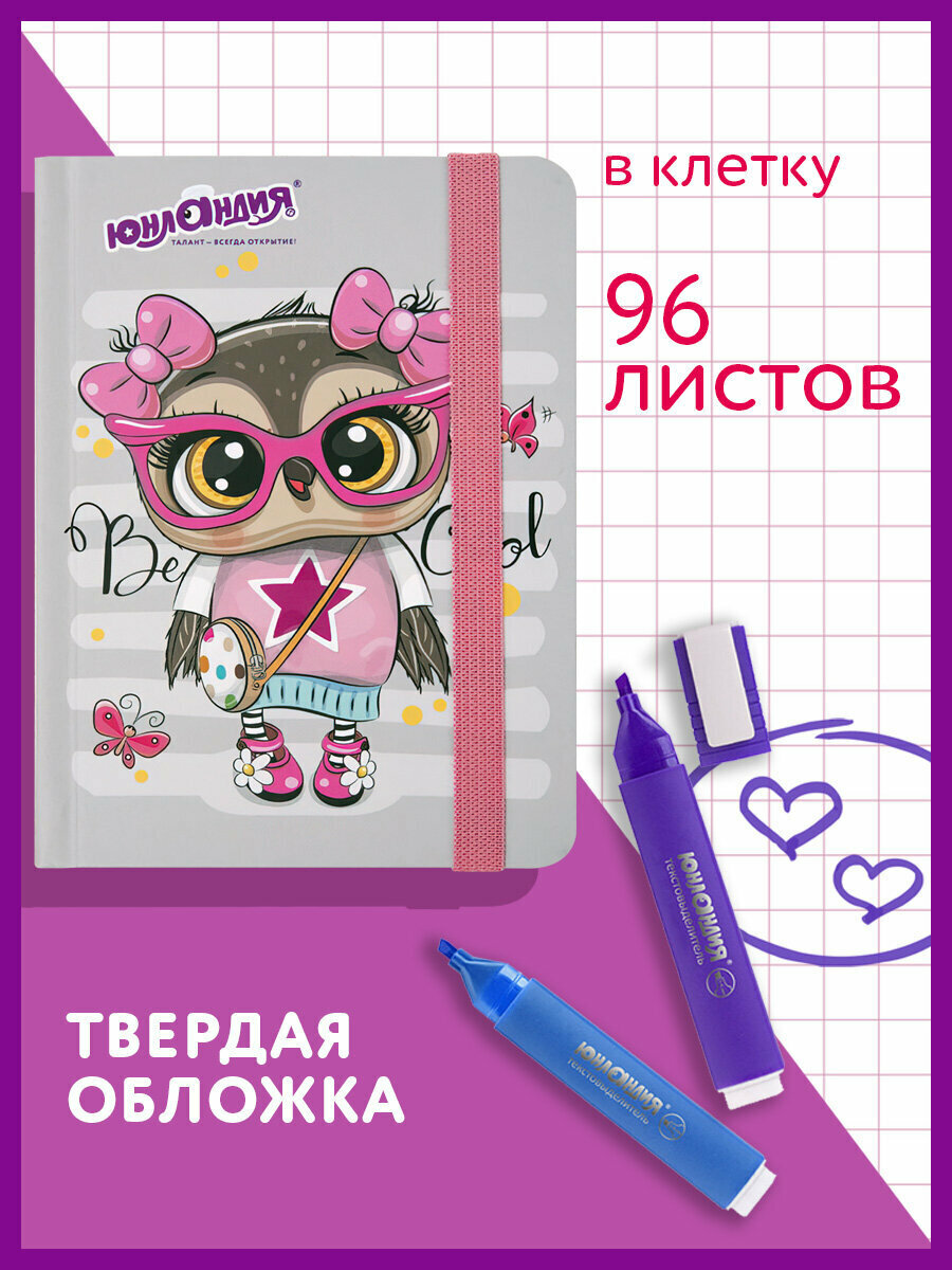Блокнот / записная книжка / тетрадь для записей, рисования с резинкой в клетку 96л, Малый Формат А6 102х148, твердая обложка Юнландия, Совушка, 113743