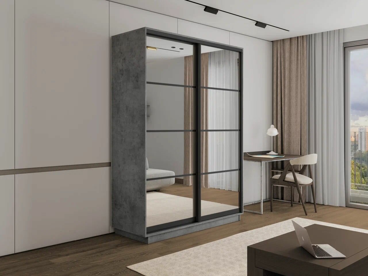 Шкаф-купе Экспресс 1,6 высота 2,4м Зеркало/Бетон/Черный профиль