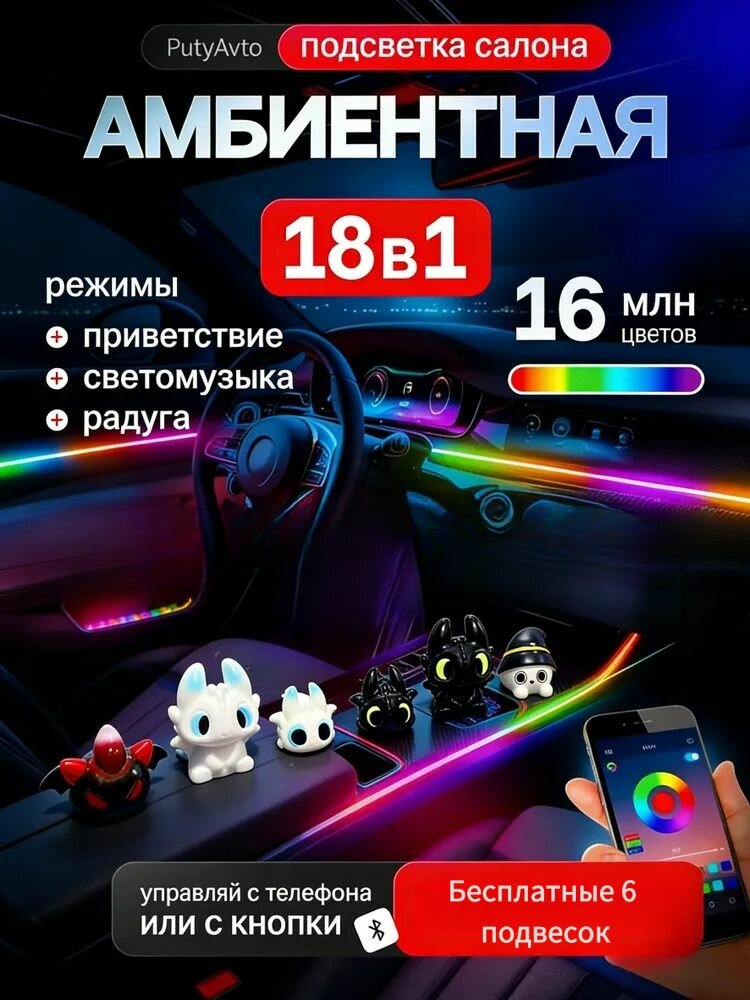 Черная контурная подсветка в салон авто Ambient Light 18в1