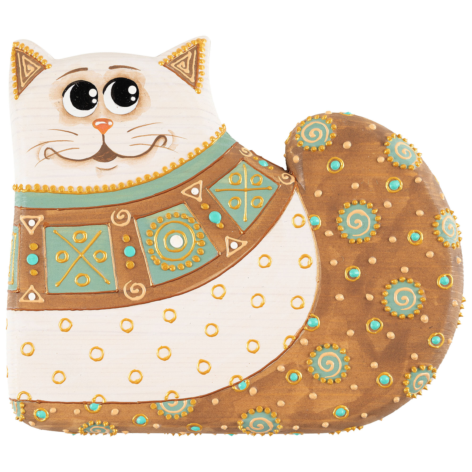 Подвеска деревянная ручной работы Кошка Тося бирюзовый узор (692801)