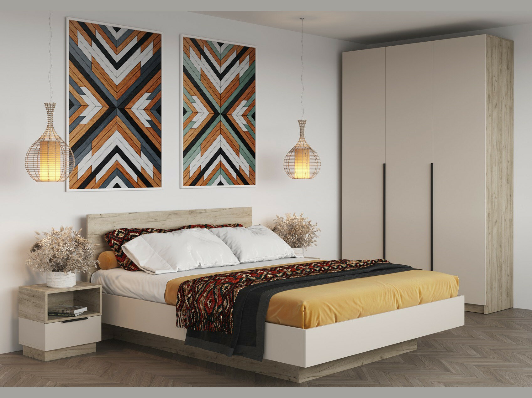 Спальный гарнитур с трехдверным шкафом, спальное место 160х200, крафт серый/кашемир