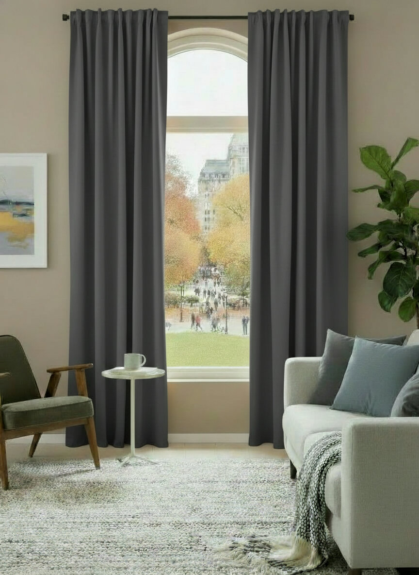 Шторы блэкаут Икеа Майгулл на ленте, 145х300 см, полиэстер, 2 полотна, графит