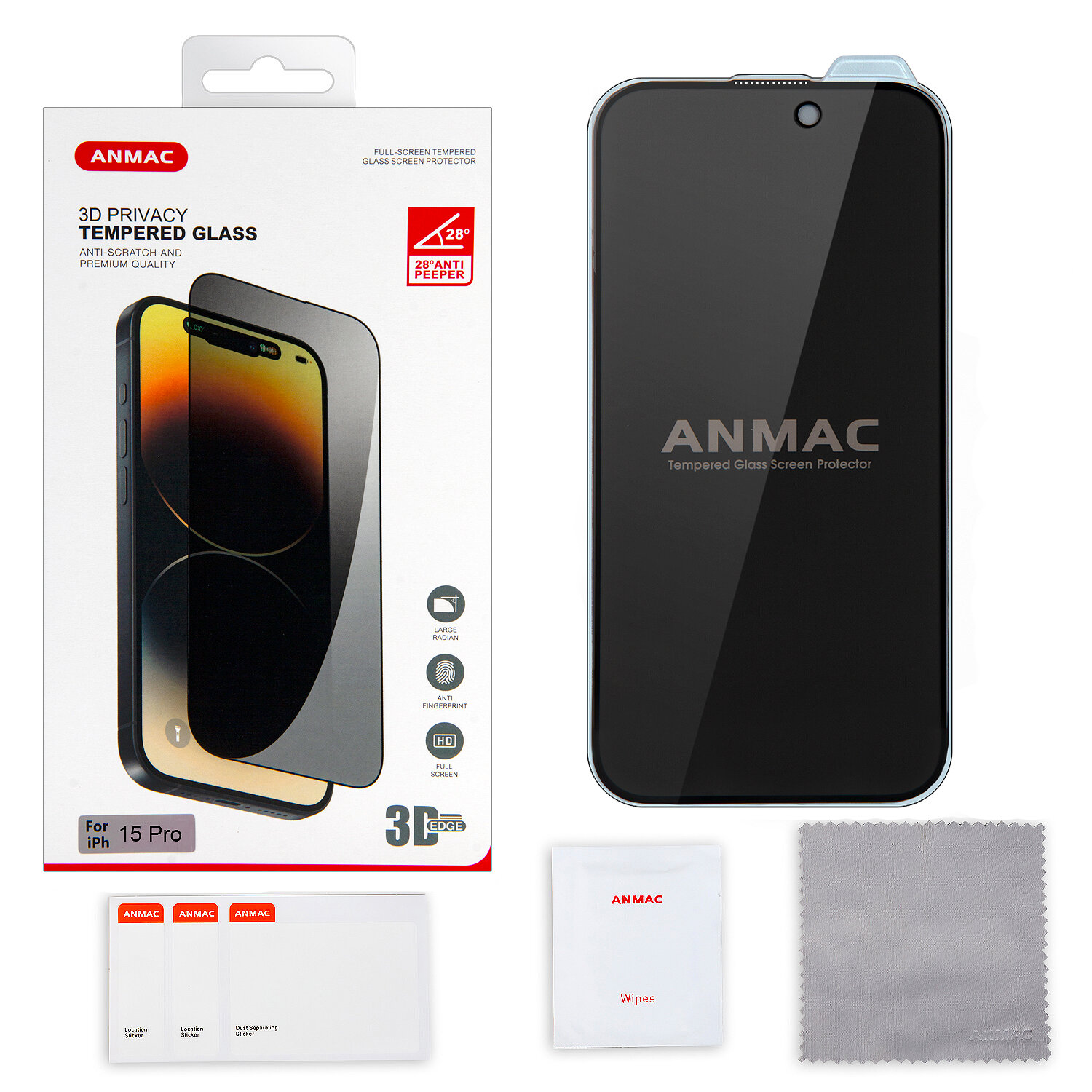 Защитное стекло iPh 15 Pro ANMAC 3D Privacy с сеточкой Арт.1137464