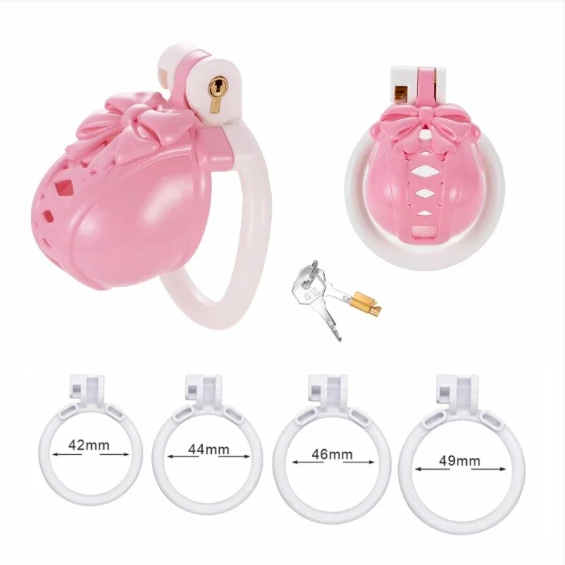 Розовый бант Sissy Chastity Cage Angel Cock Cage Belt с 4-размерными кольцами для пениса Fidelity Device Bondage Equipment SM Секс-игрушки для мужчин
