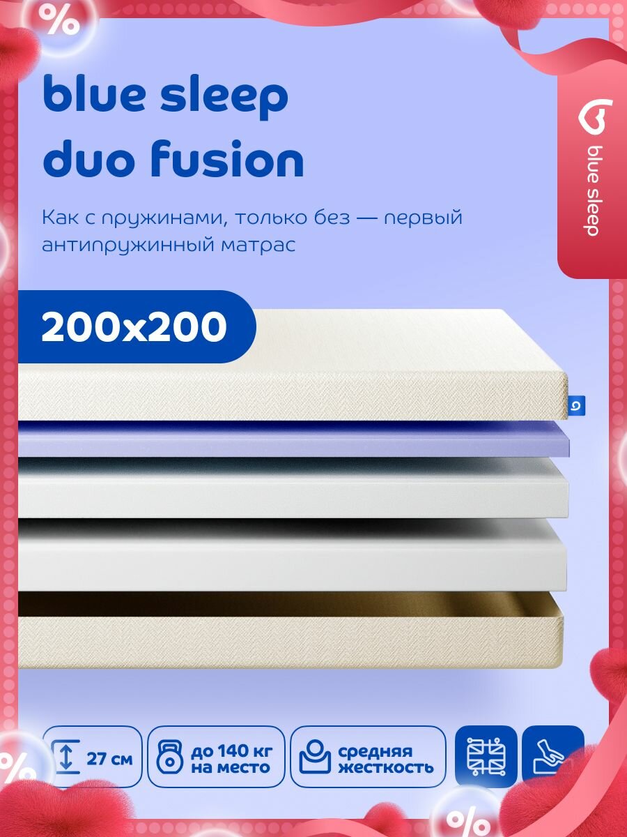 Матрас 200х200 ортопедический беспружинный на кровать Duo Fusion Blue Sleep