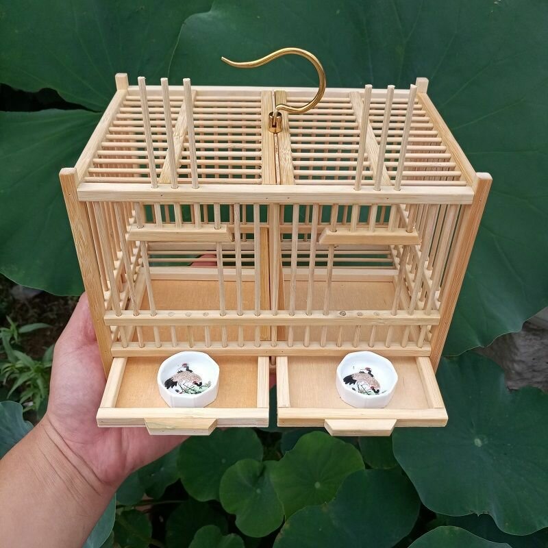 Клетка для сверчков ручной работы из чистого бамбука, клетка для крикета с двойным отделением, декоративная клетка для насекомых с ящиком