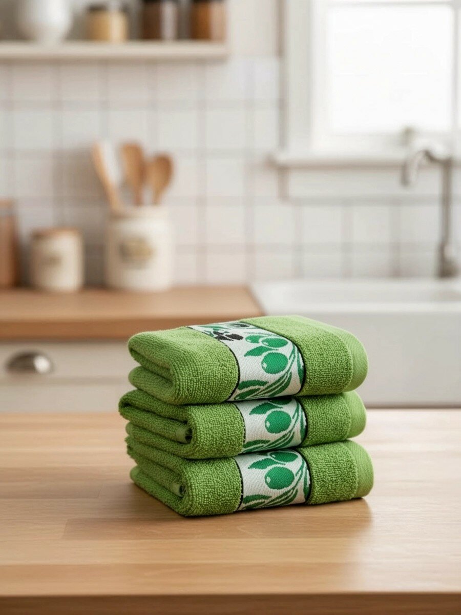 Набор 3 шт полотенца кухонные 30х60, махровые хлопковые, оливки
