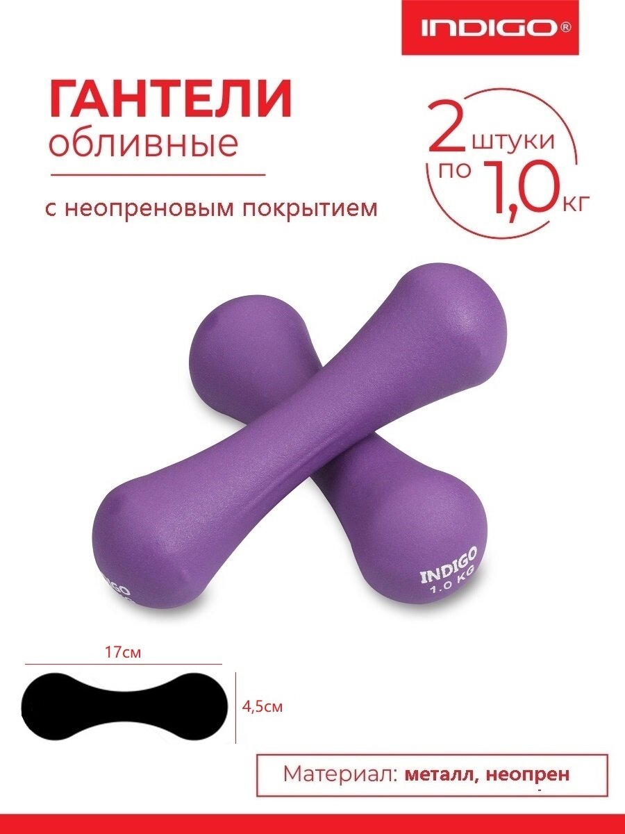 Гантели обливные с неопреновым покрытием INDIGO 1,0кг пара, фиолетовый