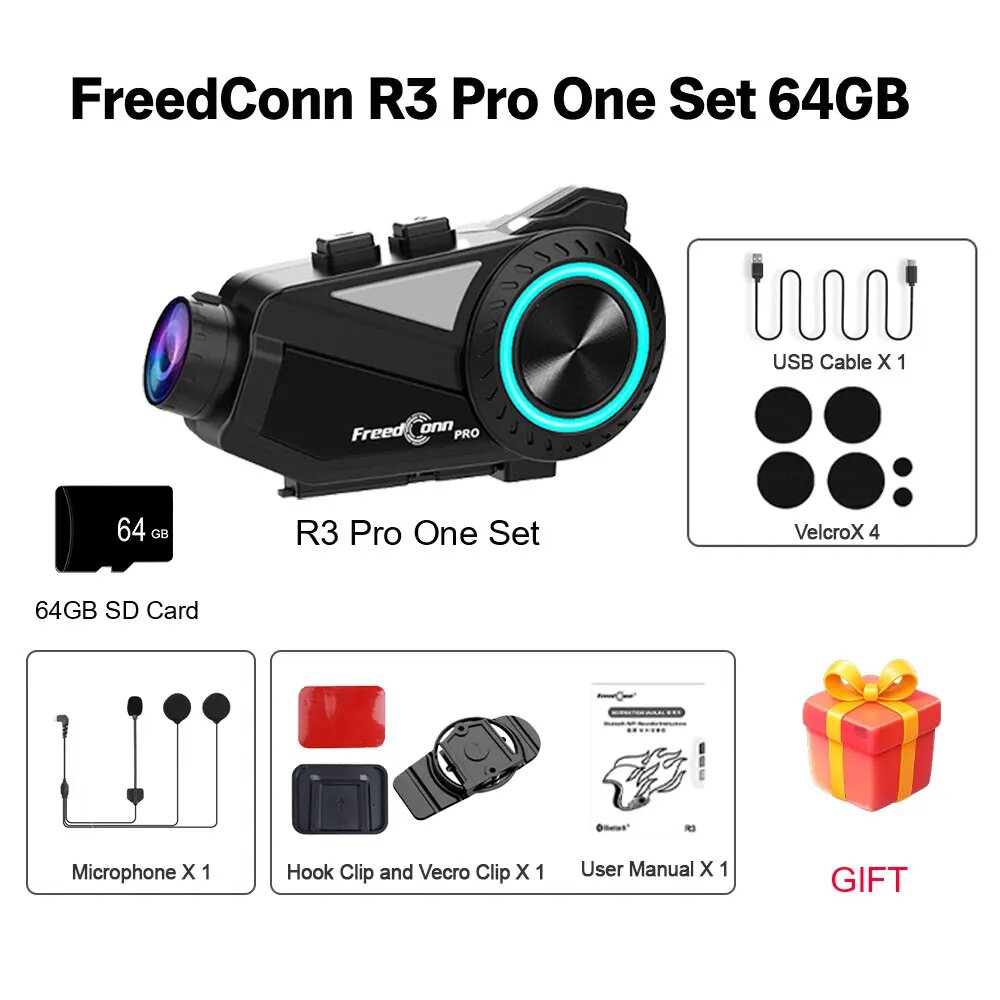 Группа Freedconn, мотоциклетный домофон, шлем, гарнитура, автоматический One Set 64GB