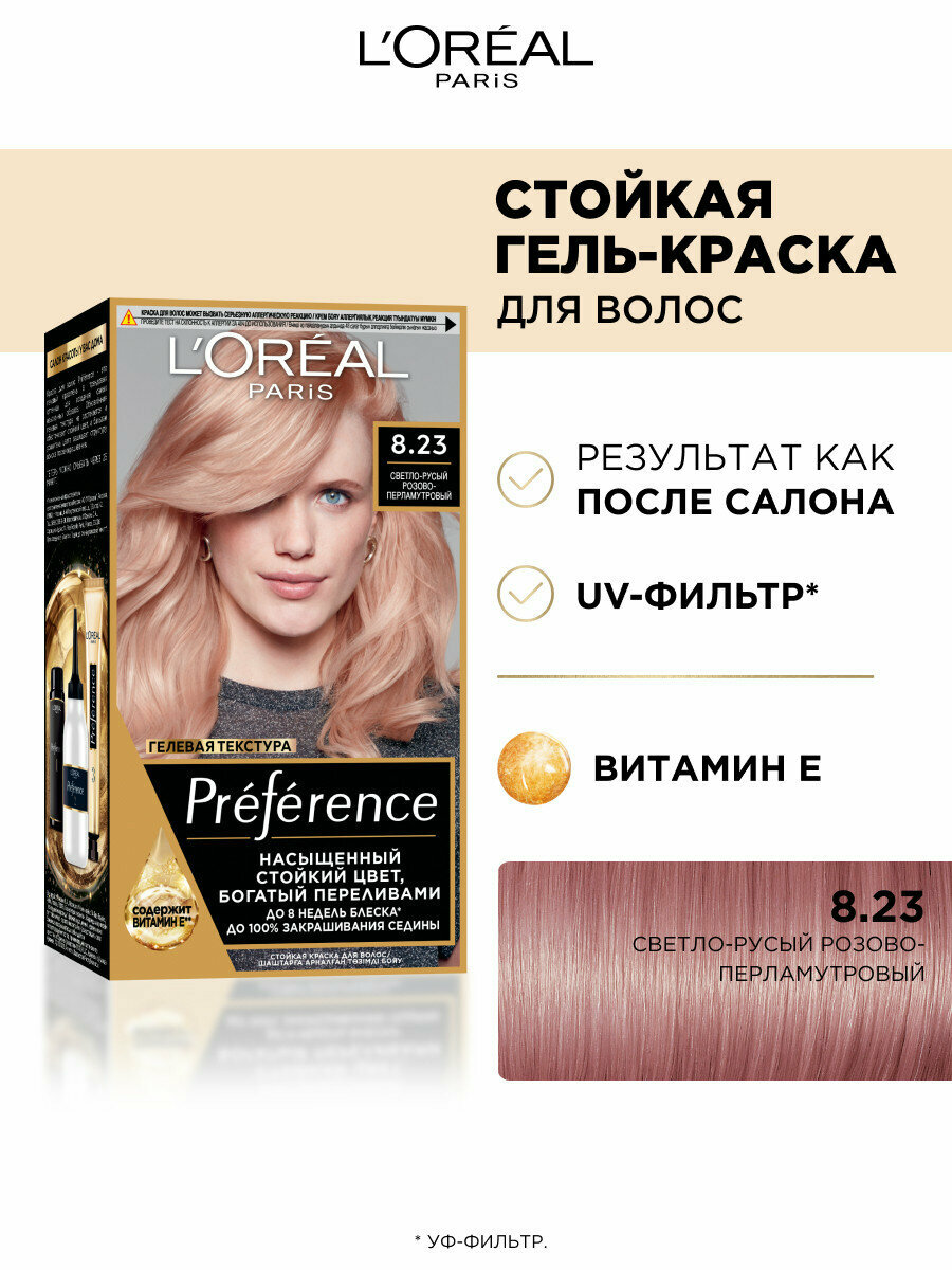 L'Oreal Paris Стойкая краска для волос Preference, оттенок 8.23 Светло-русый розово-перламутровый