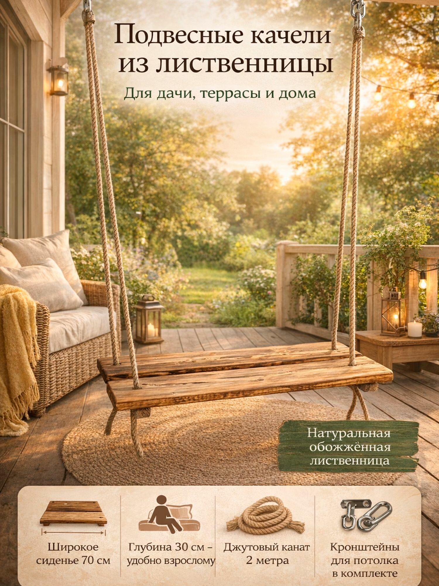 Качели подвесные деревянные из лиственницы, 70х30х2000 см