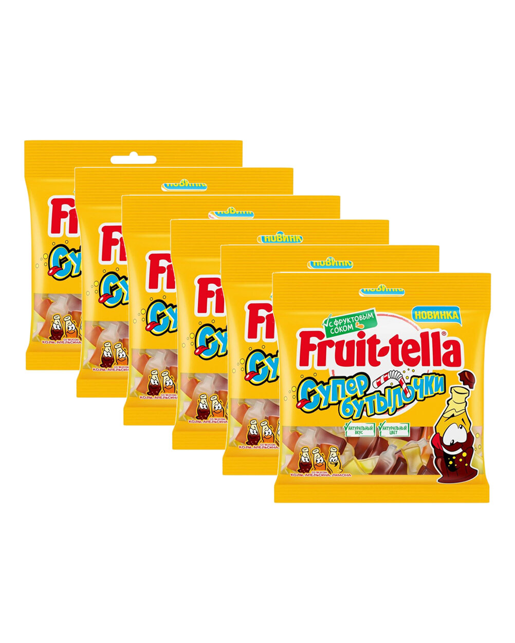 Мармелад Fruit-Tella Супер Бутылочки со вкусами колы, апельсина, лимона, 100г x 6шт