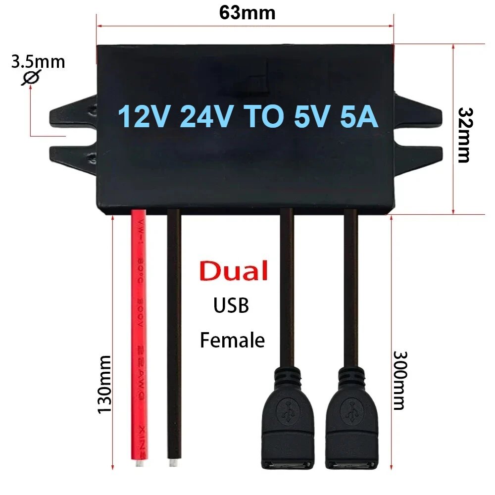 Автомобильный USB адаптер waohei 12/24В to 5В 5A Dual Square