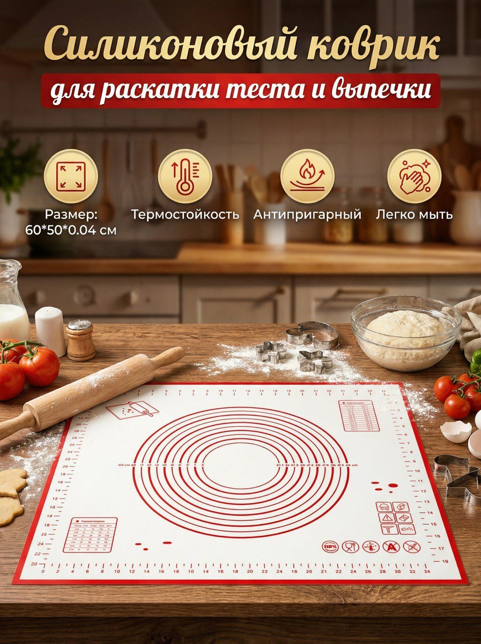 Силиконовый коврик для раскатки теста и выпечки 60х50 с разметкой