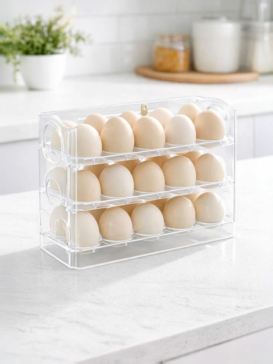 Контейнер для яиц 30 шт в холодильник с откидной полкой органайзер 3 яруса белый прозрачный