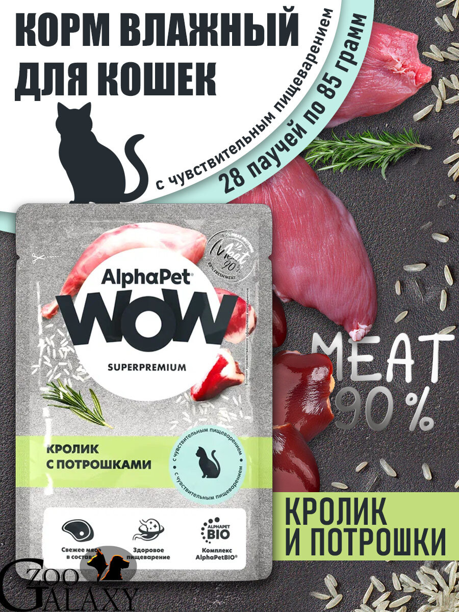 AlphaPet WOW Superpremium паучи для кошек с чувствительным ЖКТ, кролик и потрошки 28х85 г