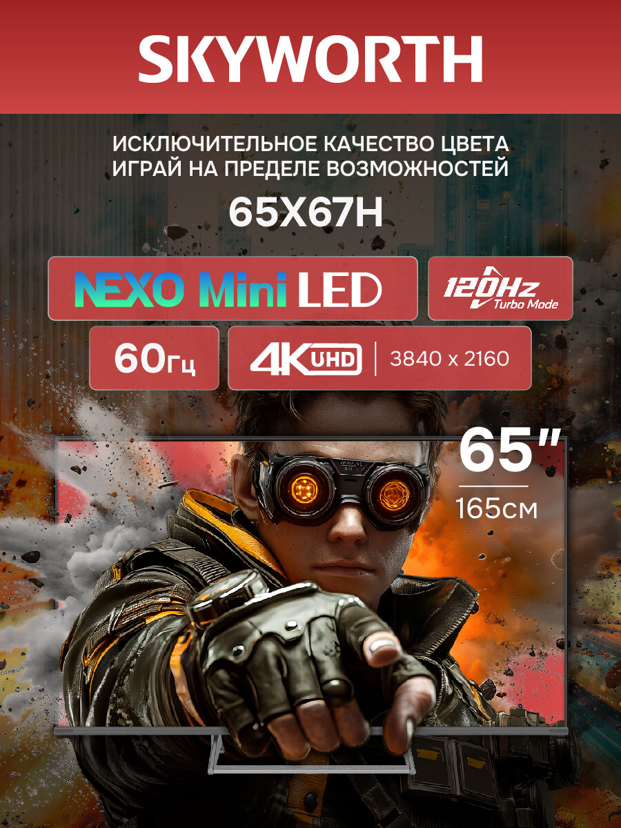 Телевизор 65 дюймов Смарт ТВ с Wi-Fi Skyworth 65X67H Mini LED 4К UHD HSR 120Гц Google TV матовый экран