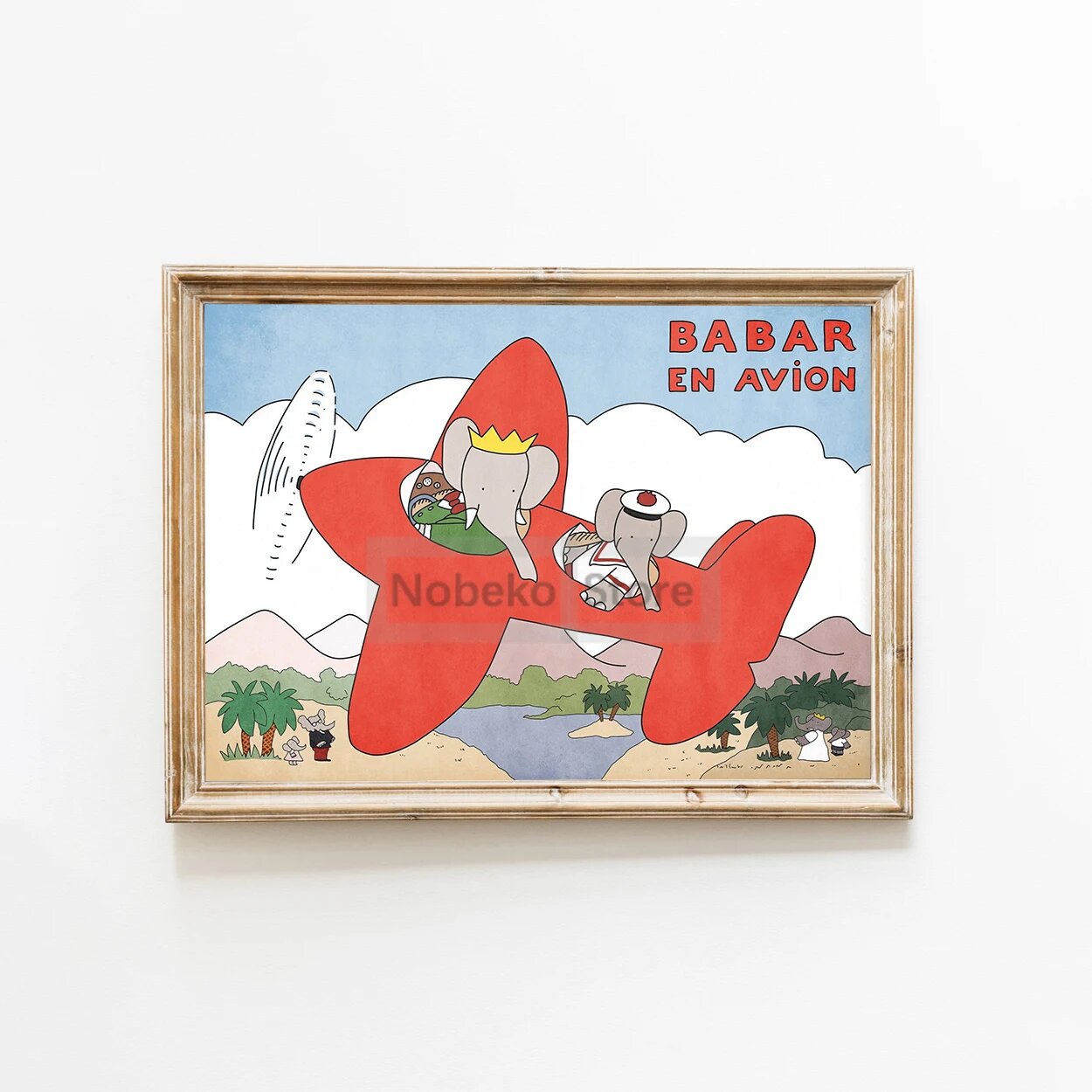 Бабар Слон в самолете, печать на холсте 30x45 см, без рамы