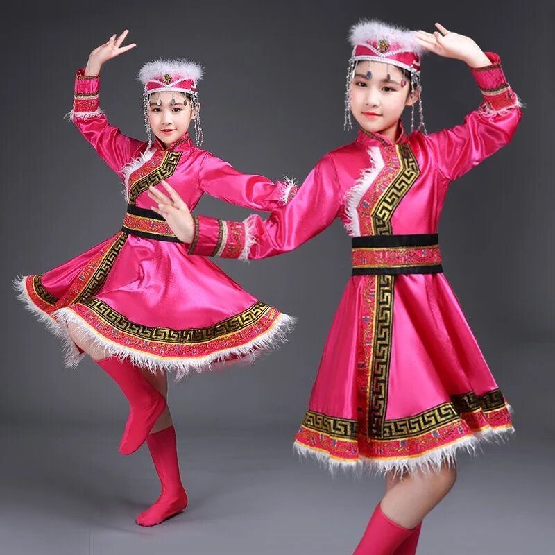 Детские монгольские танцевальные костюмы из вискозы и спандекса Розовый, 150cm, Hot pink