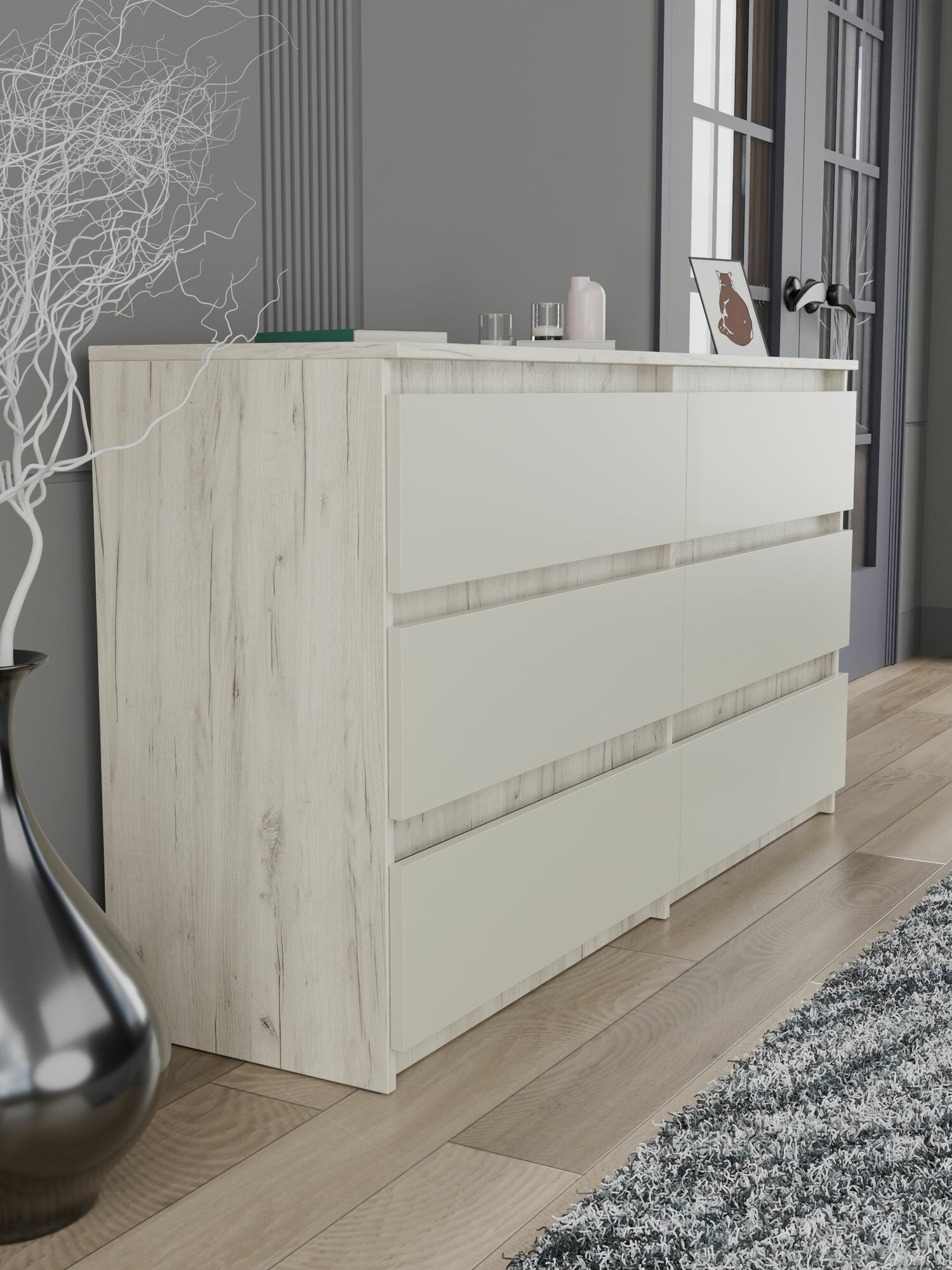 Комод для белья и одежды орлан 6 ящиков, 140х76.4х40 см, дуб крафт белый-бежевый