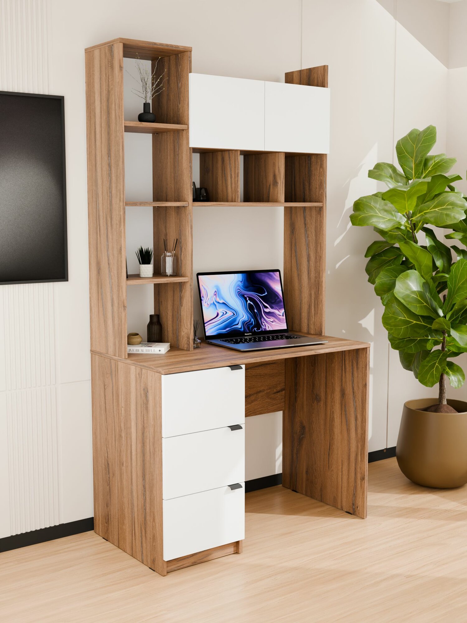 Изумлит Стол письменный с ящиками Тауэр 100х190х54.8 см, Корпус - дуб крафт табачный, фасад - белый