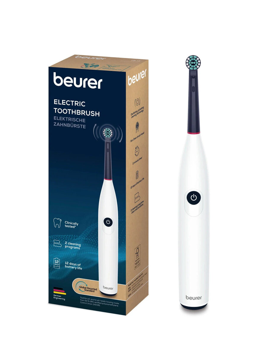 Электрическая зубная щетка Beurer TB 15 GP белая, аккумуляторная щетка для зубов Бойрер с 2 режимами чистки, ультразвуковая технология, встроенный таймер и датчик давления, дорожный футляр в комплекте
