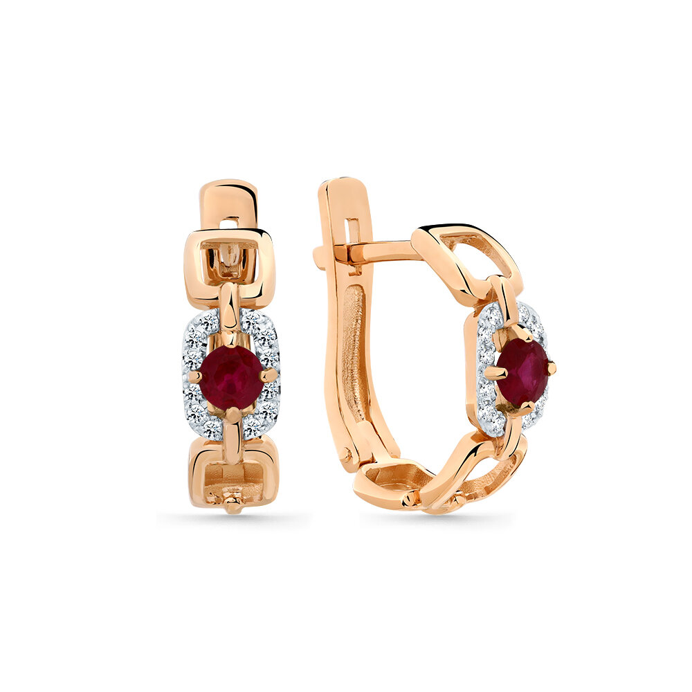 Серьги, красное золото, 585 проба, рубин, бриллиант