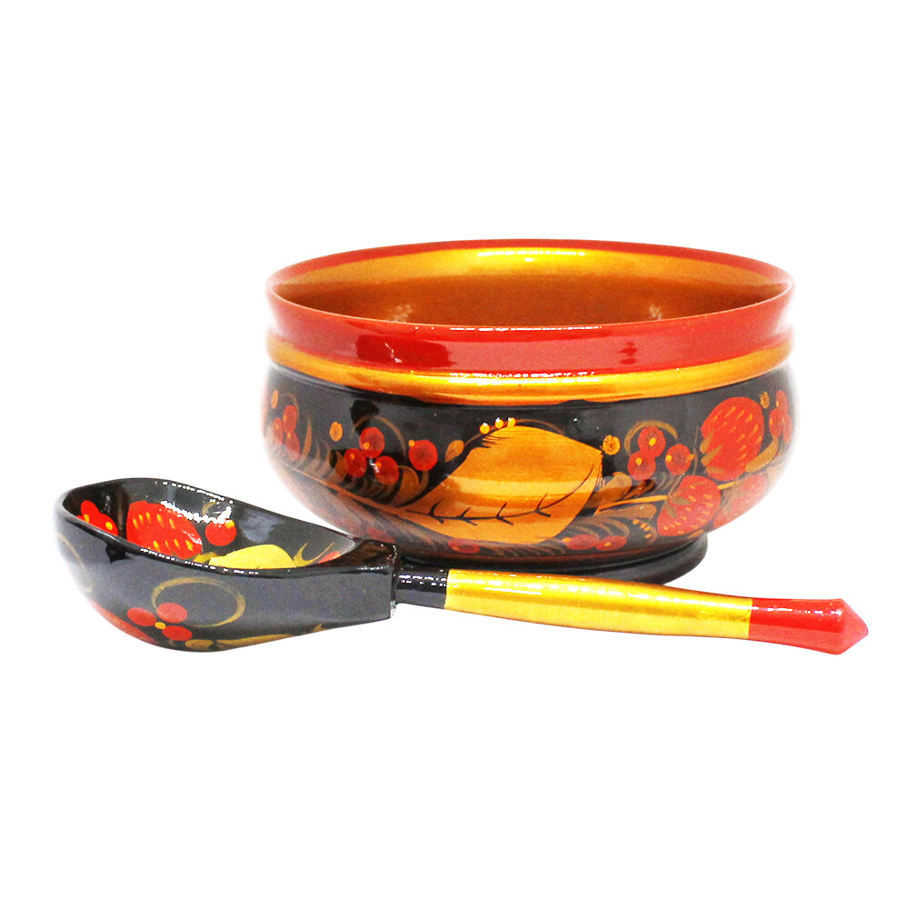 Деревянный салатник с ложкой, "Земляничка", хохлома, (Ручная роспись)