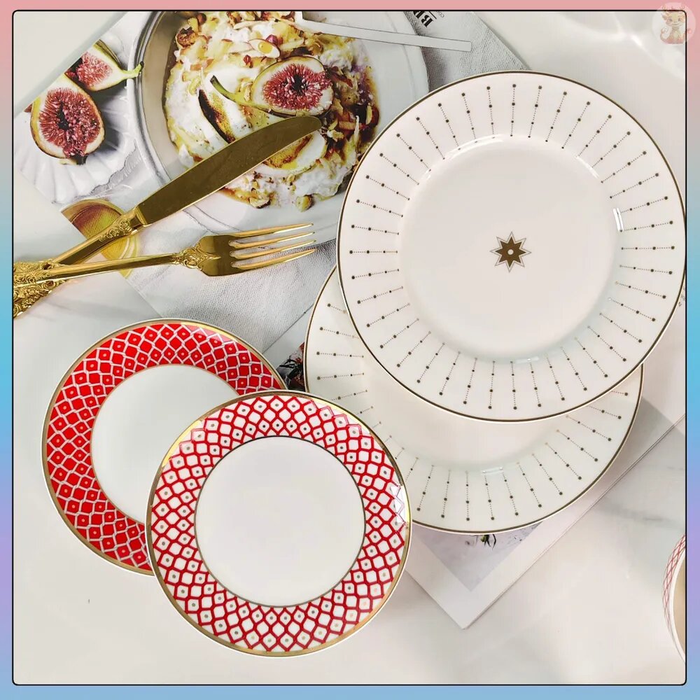 Обеденный сервиз Imperial Porcelain Manufactory из костяного фарфора на 10 предметов, белый и красный цвет — фото 1