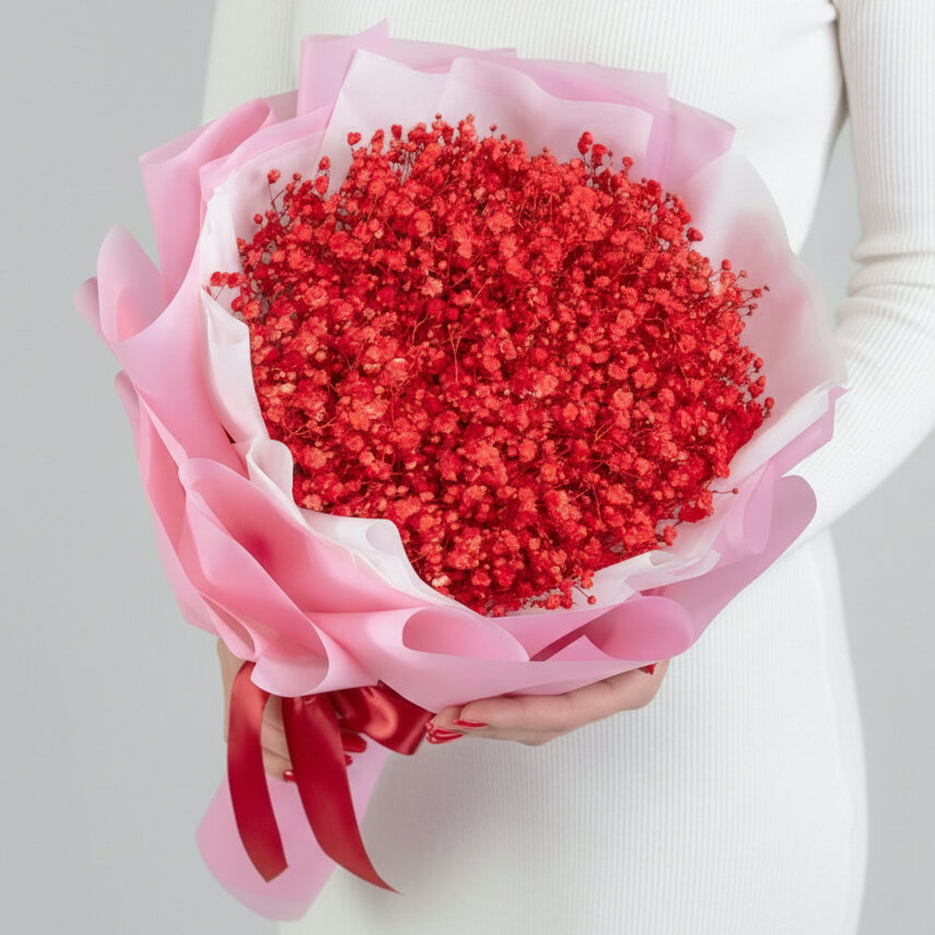Букет Мегацвет24 "Красная Гипсофила", 9 шт, стабилизированный, дизайнерская упаковка