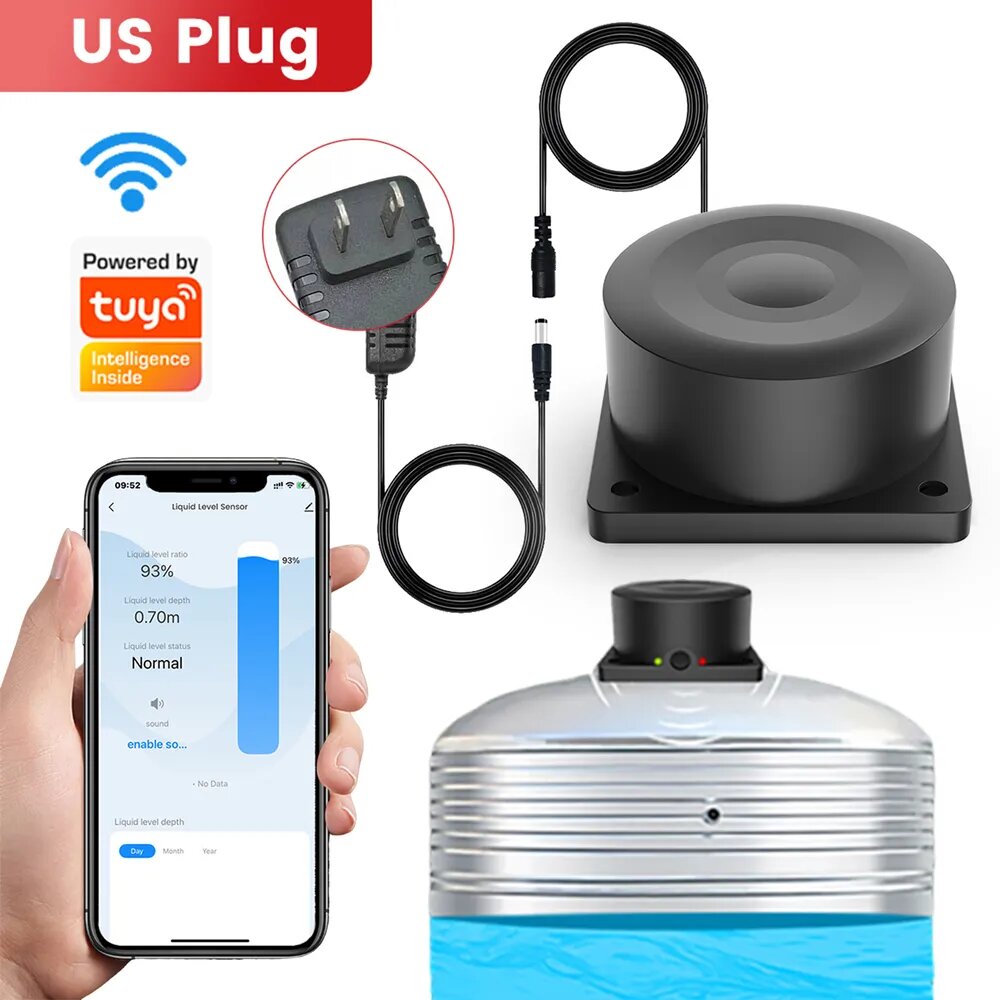 Ультразвуковой датчик уровня воды с Wi-Fi, чёрный, питание от аккумулятора, точность 0,02 м, диапазон 0,1 5 м