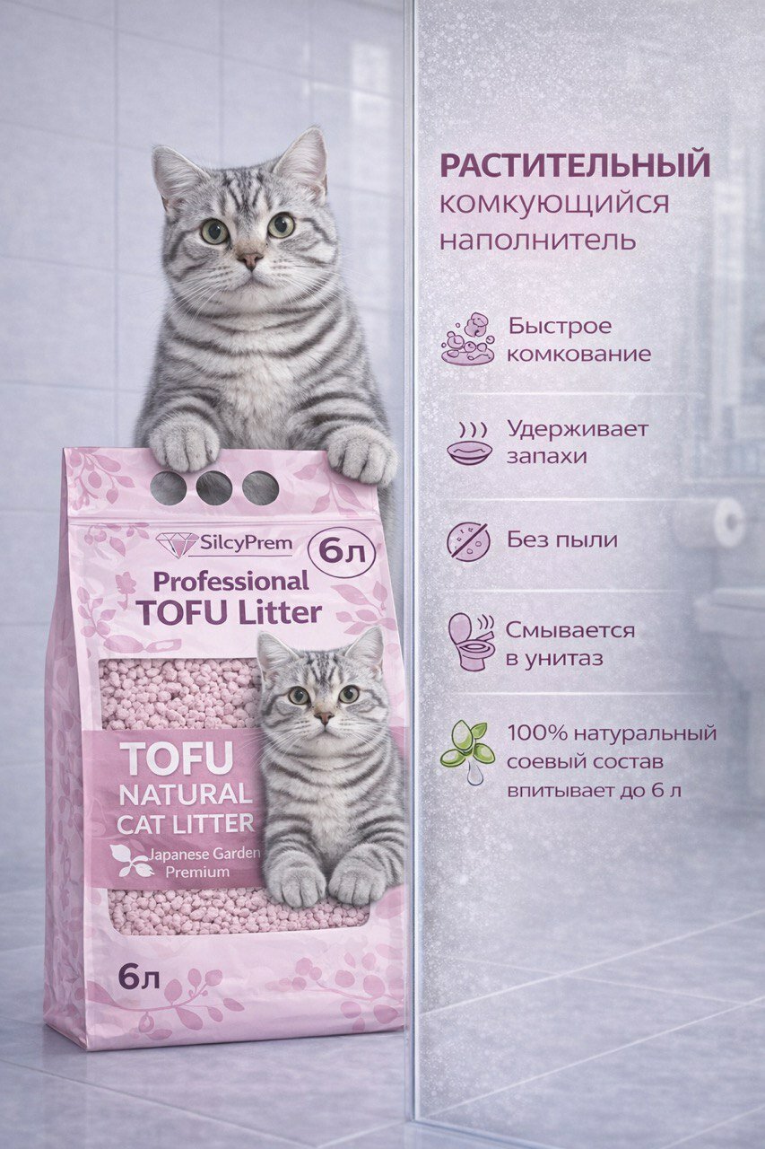 Наполнитель для кошачьего туалета SilcryPrem "Tofu", с ароматом "Японский сад", комкующийся, растительный, 6л